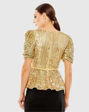 Mac Duggal Sequined Puff Sleeve Faux Wrap Top