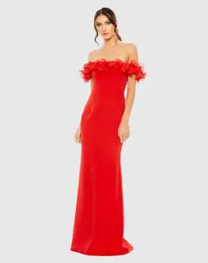 Mac Duggal Off-the-shoulder Crepe Gown With Ruffle Neckline