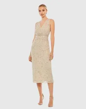 Mac Duggal Sequin Embellished Midi Sheath Dress - Neutral