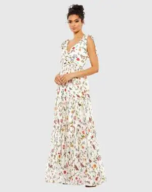 Mac Duggal Floral Print Sleeveless Gown With Tie Shoulders - White Multi