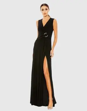 Mac Duggal Draped Jersey Gown With Rhinestone Ring
