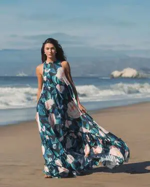 Mac Duggal Floral High Neck Long Dress