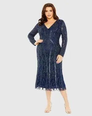 Mac Duggal Sequined And Beaded Mesh Gown - Navy