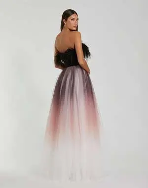 Mac Duggal Strapless Feather Bodice Ombre Tulle Gown