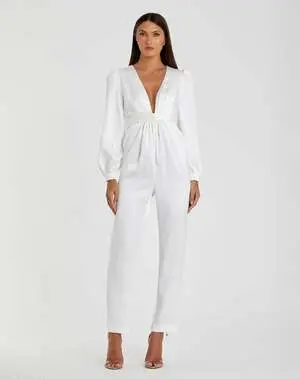 Mac Duggal Front Twist Puff Sleeve Deep V Jumpsuit - White