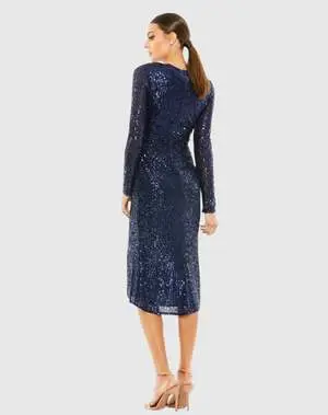 Mac Duggal Long Sleeve Sequin Midi Dress - Navy