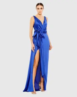 Mac Duggal Sleeveless Draped Gown With Overlay Train - Royal