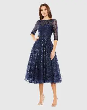 Mac Duggal Embellished A-line Dress With 3/4 Sleeves