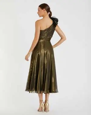 Mac Duggal Rosette One-shoulder Tea-length Dress - Gold
