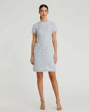 Mac Duggal Cap Sleeve Floral Button Detail Shift Dress - Blue