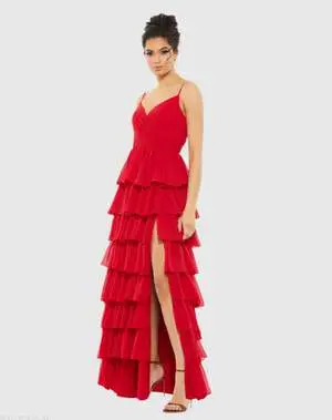 Mac Duggal V-neck Sleeveless Gown With Ruffled Skirt - Red