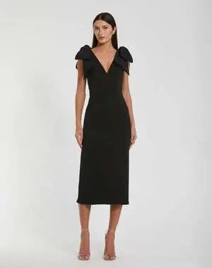 Mac Duggal Bow Strap Crepe Midi Dress - Black