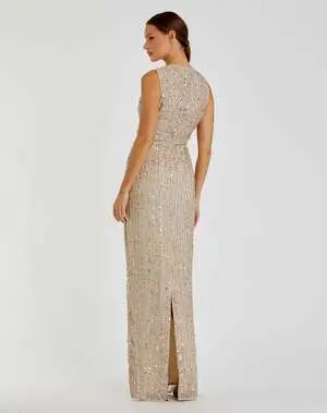 Mac Duggal Sequin High Neck Sleeveless Column Gown - Neutral