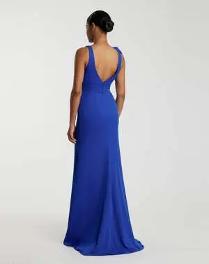 Mac Duggal Sleeveless V-neck Mermaid Gown With Bow Detail - Blue