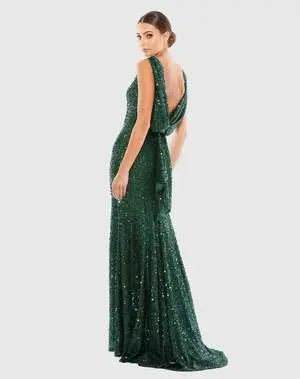 Mac Duggal Cowl Back Boat Neck Sequined Gown - Green