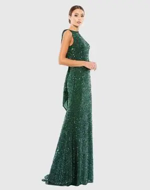 Mac Duggal Cowl Back Boat Neck Sequined Gown - Green