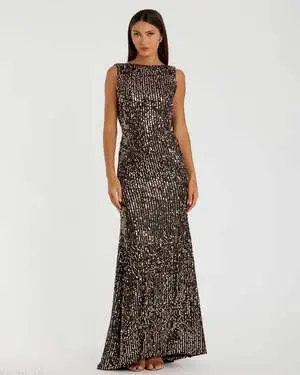 Mac Duggal Sequin Mesh Evening Gown With Cowl Back - Brown
