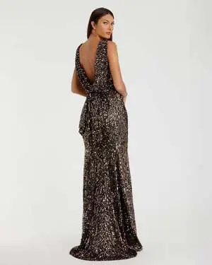 Mac Duggal Sequin Mesh Evening Gown With Cowl Back - Brown