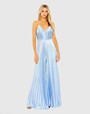 Mac Duggal Pleated Plunge Neck Wide Leg Jumpsuit - Blue