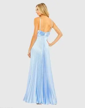 Mac Duggal Pleated Plunge Neck Wide Leg Jumpsuit - Blue