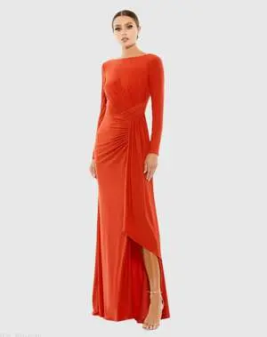 Mac Duggal Ruched Long Sleeve Boat Neck Gown - Orange