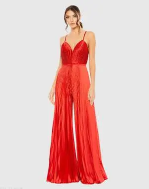Mac Duggal Ieena For Mac Duggal Pleated Plunge Neck Wide Leg Jumpsuit Red
