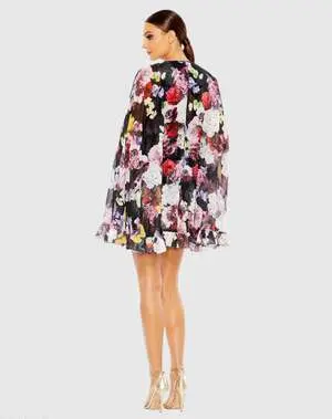 Mac Duggal Floral Print High Neck Cape Mini Dress - Multicolor