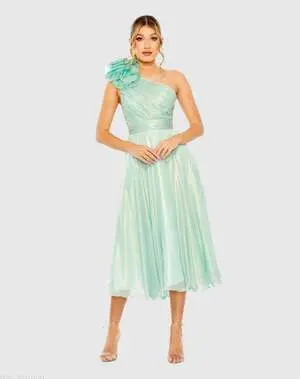 Mac Duggal One-shoulder Pleated Tea-length Dress