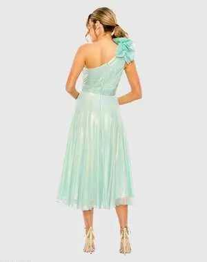 Mac Duggal One-shoulder Pleated Tea-length Dress