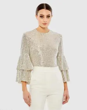Mac Duggal Ruffle Sleeve Sequin Bodysuit
