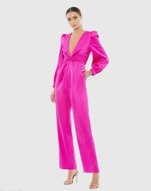 Mac Duggal Front Twist Puff Sleeve Deep V Jumpsuit - Pink