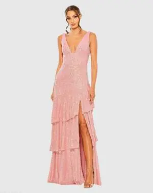 Mac Duggal Sequin Asymmetrical Ruffle Tiered Gown