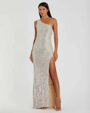 Mac Duggal Sequined One-shoulder Gown With Draped Back - Silver