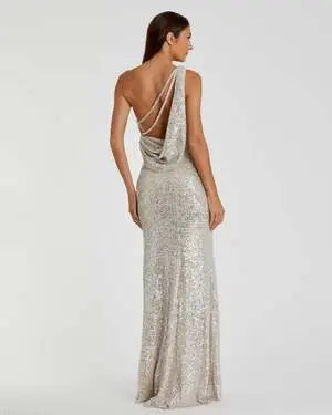 Mac Duggal Sequined One-shoulder Gown With Draped Back - Silver