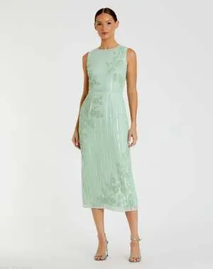 Mac Duggal Striped Floral Embellished Sleeveless Midi Dress - Green