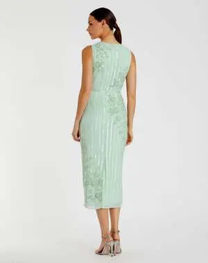 Mac Duggal Striped Floral Embellished Sleeveless Midi Dress - Green