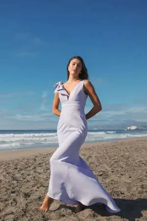 Mac Duggal Sleeveless V-neck Bow Detail Mermaid Gown - Purple