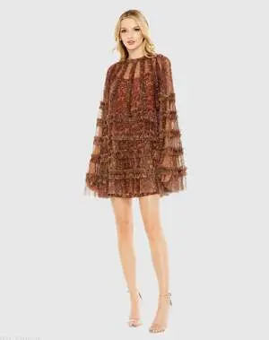 Mac Duggal Print Mesh A-line Dress With Flare Sleeves