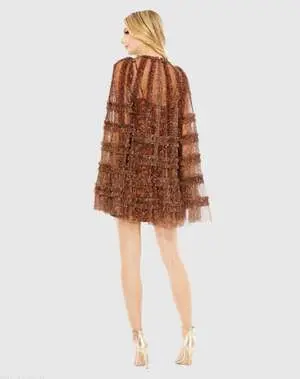 Mac Duggal Print Mesh A-line Dress With Flare Sleeves