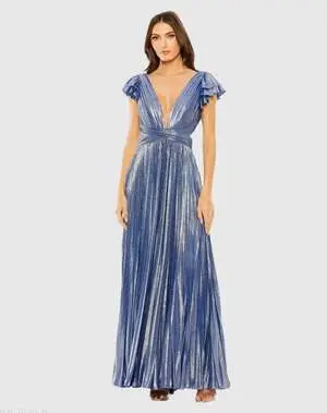 Mac Duggal Ruffle Sleeve Cutout Pleated Metallic Gown - Blue