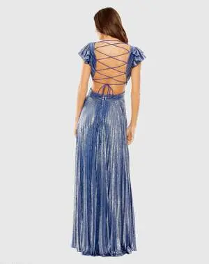 Mac Duggal Ruffle Sleeve Cutout Pleated Metallic Gown - Blue