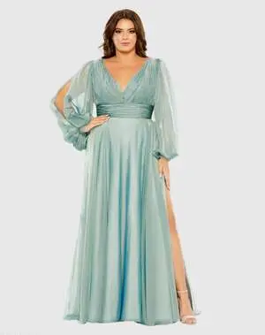 Mac Duggal Puff Sleeve Embellished Cuff V-neck A-line Gown - Blue