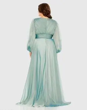 Mac Duggal Puff Sleeve Embellished Cuff V-neck A-line Gown - Blue