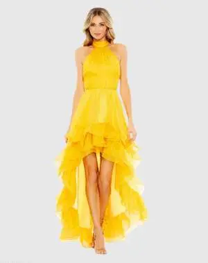 Mac Duggal Ruffle Tiered High-low Halter Neck Gown