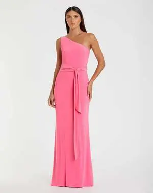 Mac Duggal Jersey One-shoulder Belted Trumpet Gown - Pink
