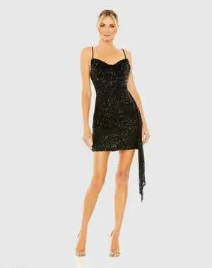 Mac Duggal Sequin Cowl Neck Mini Dress