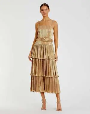 Mac Duggal Metallic Pliss Tiered Ruffle Dress