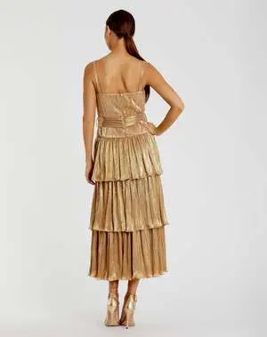 Mac Duggal Metallic Pliss Tiered Ruffle Dress