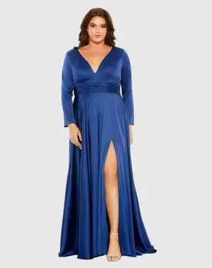 Mac Duggal Long Sleeve V-neck A-line Gown - Blue