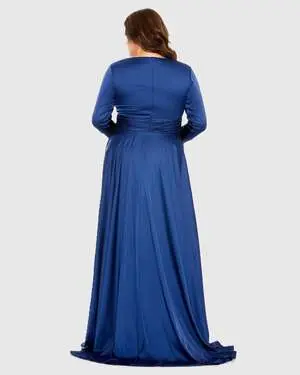 Mac Duggal Long Sleeve V-neck A-line Gown - Blue